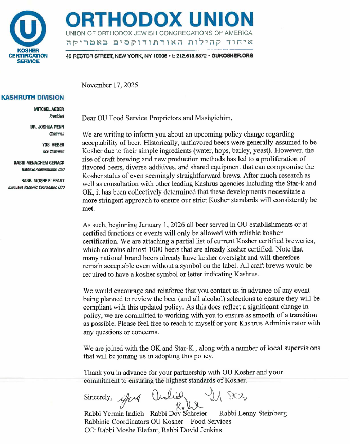 Orthodox Union Issues Policy Change for 2026 (& Beyond) Regarding Beer ...